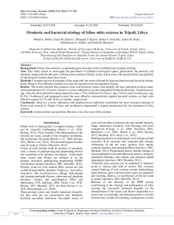 (PDF) Otodectic and bacterial etiology of feline otitis externa in ...