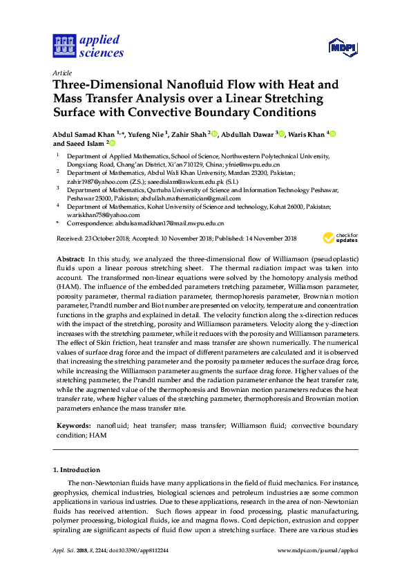 (PDF) Three-Dimensional Nanofluid Flow with Heat and Mass Transfer Analysis over a Linear ...