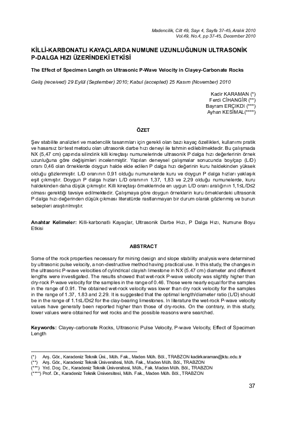 Killi-Karbonatlı Kayaçlarda Numune Uzunluğunun Ultrasonik P-Dalga Hızı ...