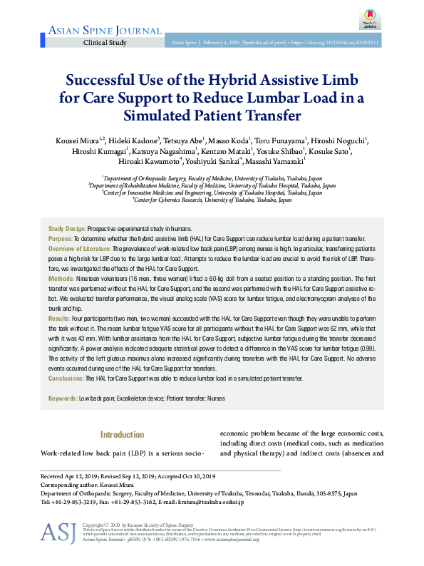 (PDF) Successful Use of the Hybrid Assistive Limb for Care Support to ...