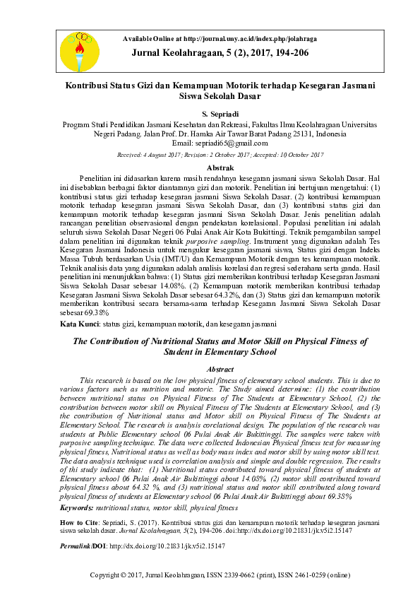 (PDF) Kontribusi status gizi dan kemampuan motorik terhadap kesegaran ...