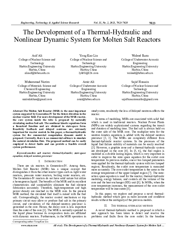 (PDF) The Development of a Thermal-Hydraulic and Nonlinear Dynamic System for Molten Salt Reactors