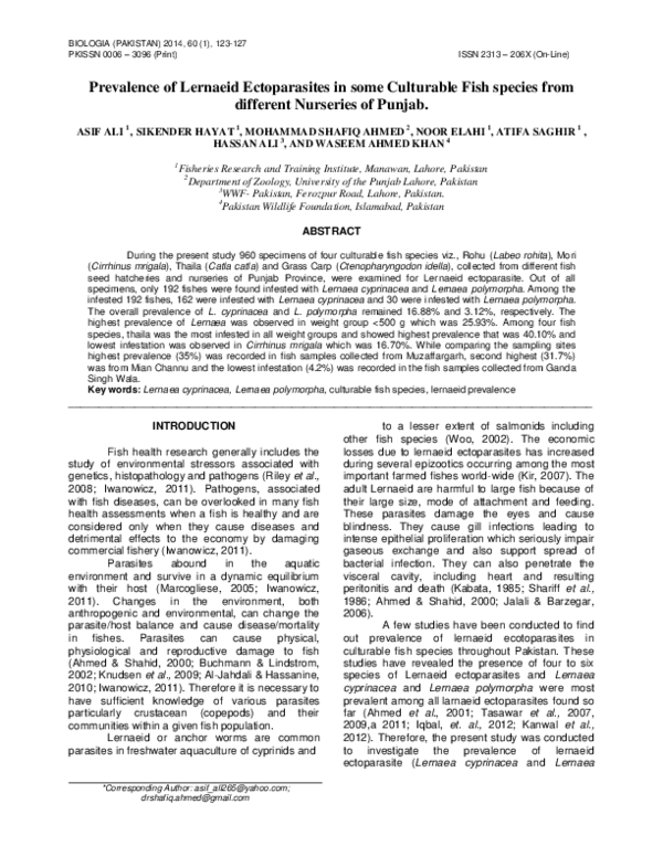 (PDF) Prevalence of Lernaeid Ectoparasites in some Culturable Fish ...