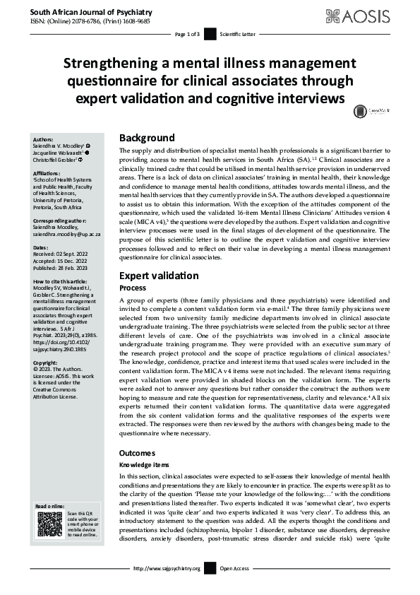 (PDF) Strengthening a mental illness management questionnaire for ...