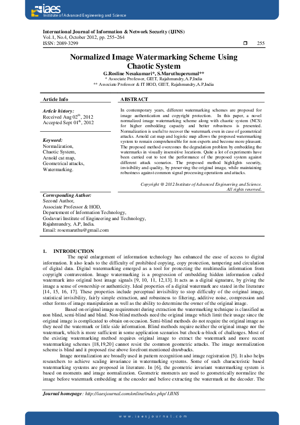 (PDF) Normalized Image Watermarking Scheme Using Chaotic System