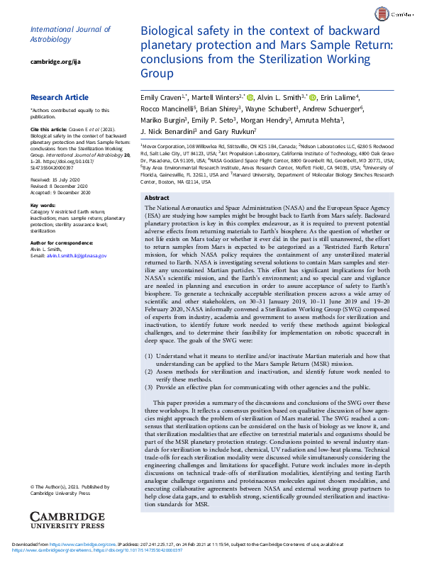 (PDF) Biological safety in the context of backward planetary protection ...