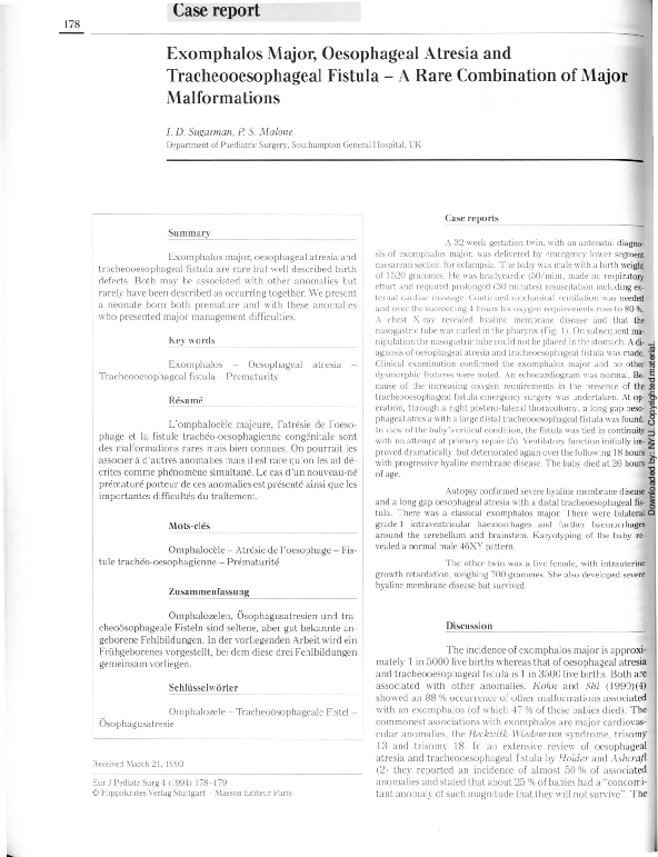 (PDF) Exomphalos Major, Oesophageal Atresia and Tracheooesophageal ...