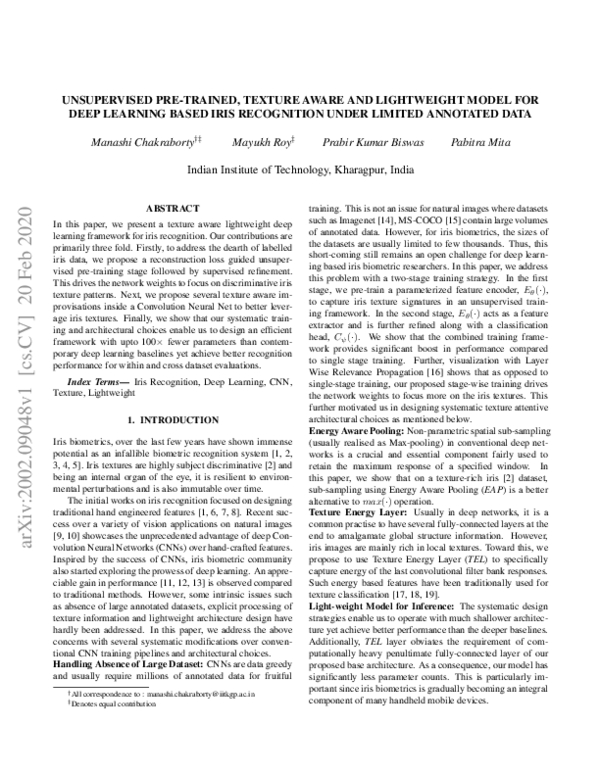 Pdf Unsupervised Pre Trained Texture Aware And Lightweight Model For Deep Learning Based Iris