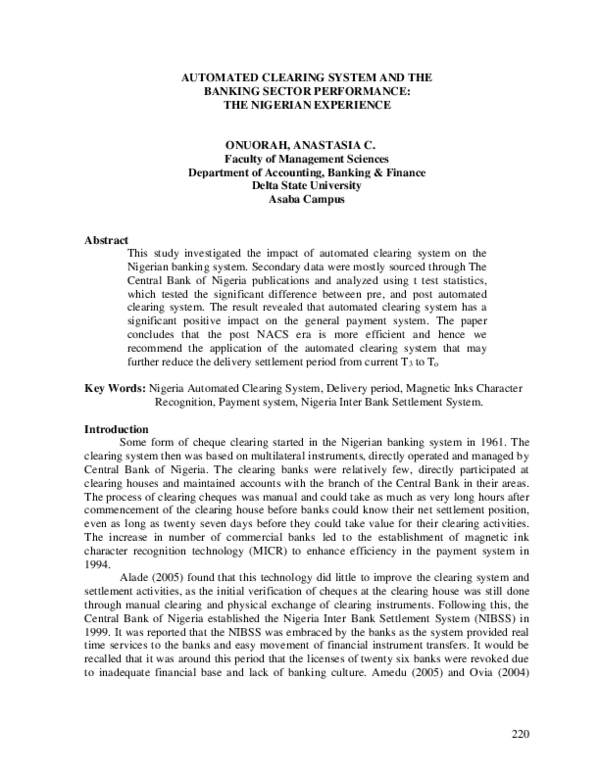 (PDF) Automated clearing system and the banking sector performance: the Nigerian experience
