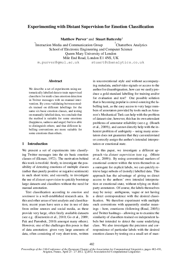 (PDF) Experimenting with Distant Supervision for Emotion Classification