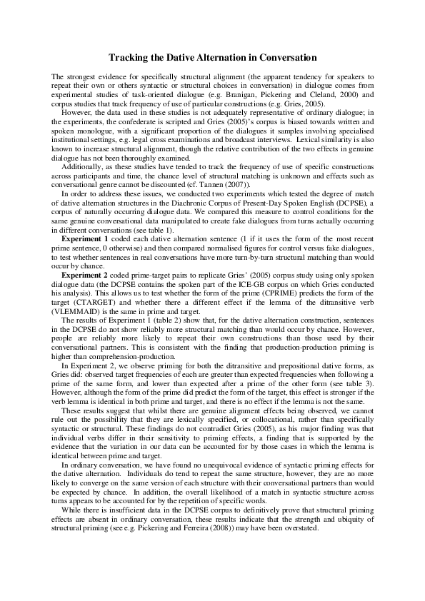 (PDF) Tracking the Dative Alternation in Conversation