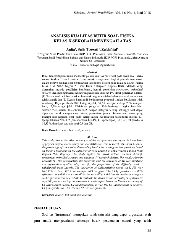(PDF) Analisis Kualitas Butir Soal Fisika Kelas X Sekolah Menengah Atas