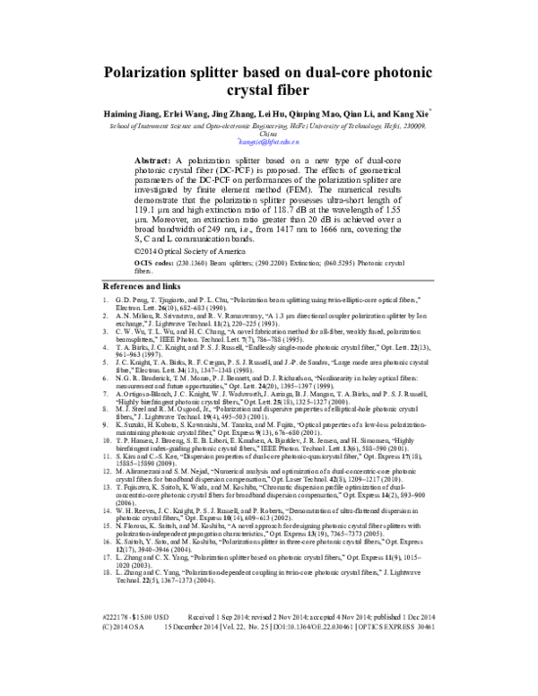 (PDF) Polarization splitter based on dual-core photonic crystal fiber