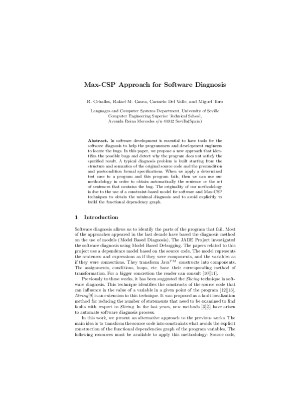Pdf Max Csp Approach For Software Diagnosis Carmelo Del Valle
