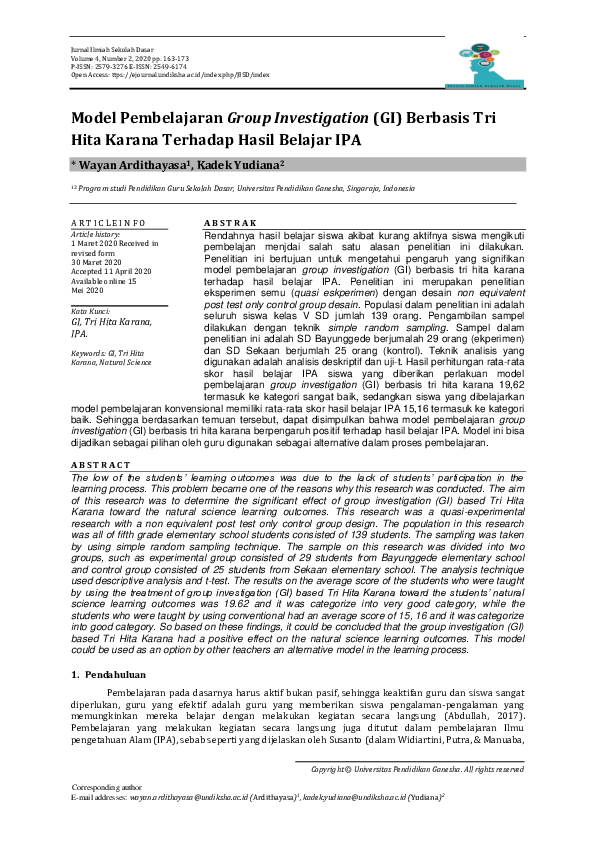 (PDF) Model Pembelajaran Group Investigation (GI) Berbasis Tri Hita Karana Terhadap Hasil ...