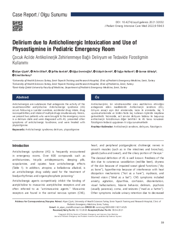 Delirium due to Anticholinergic Intoxication and Use of Physostigmine ...
