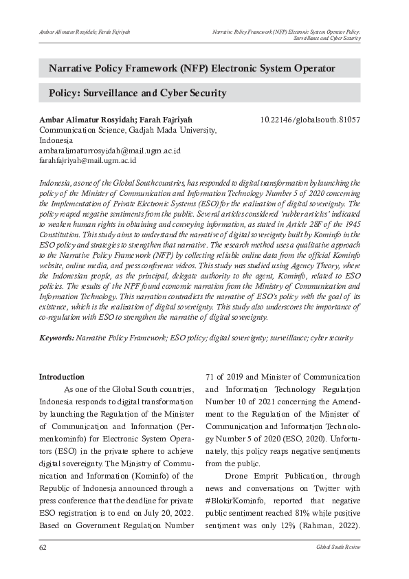 (PDF) Narrative Policy Framework (NFP) Electronic System Operator Policy: Surveillance and Cyber ...