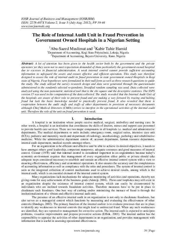 (PDF) The Role of Internal Audit Unit in Fraud Prevention in Government ...