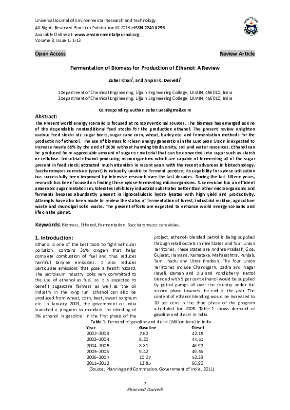 (PDF) Fermentation of biomass for production of ethanol: a review