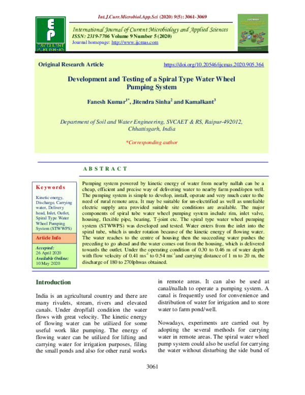 (PDF) Development and Testing of a Spiral Type Water Wheel Pumping System