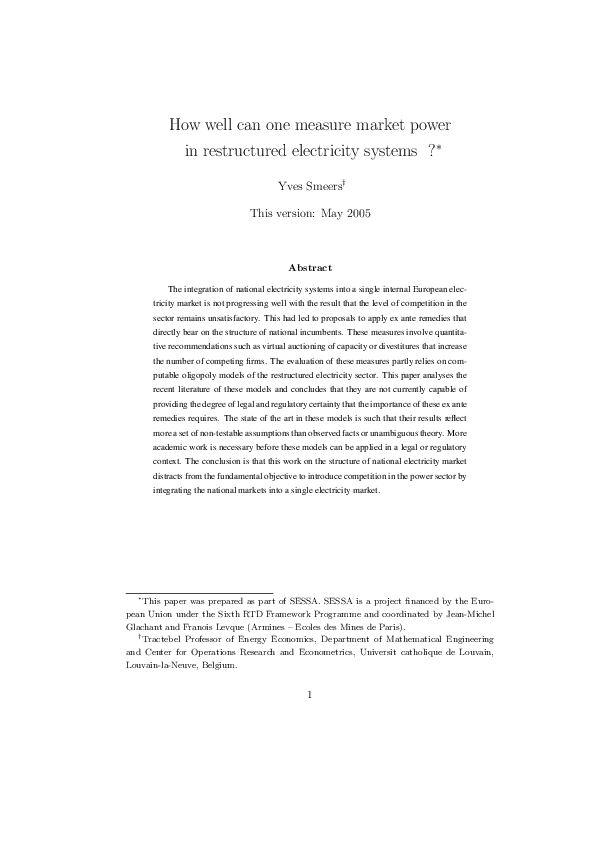 (PDF) How Well Can One Measure Market Power in Restructured Electricity ...