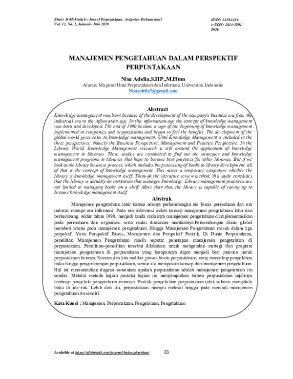 (PDF) Manajemen Pengetahuan Dalam Perspektif Perpustakaan