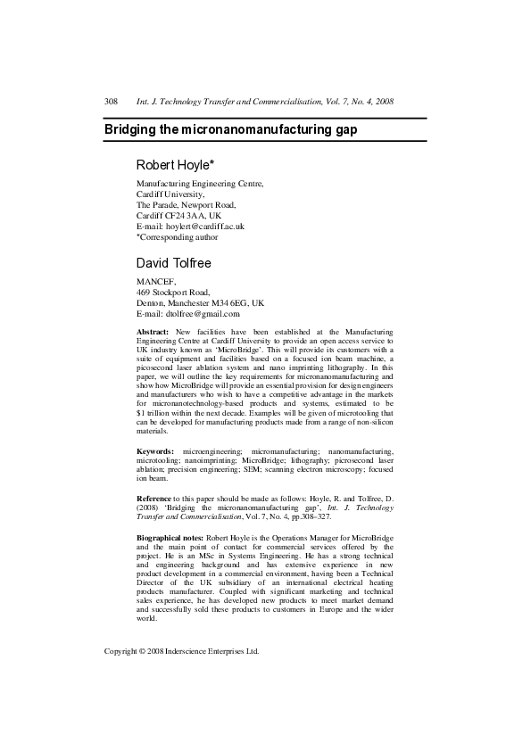 (PDF) Bridging the micronanomanufacturing gap | Robert Hoyle - Academia.edu