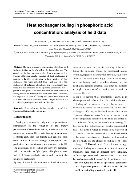 (PDF) Heat exchanger fouling in phosphoric acid concentration: analysis ...