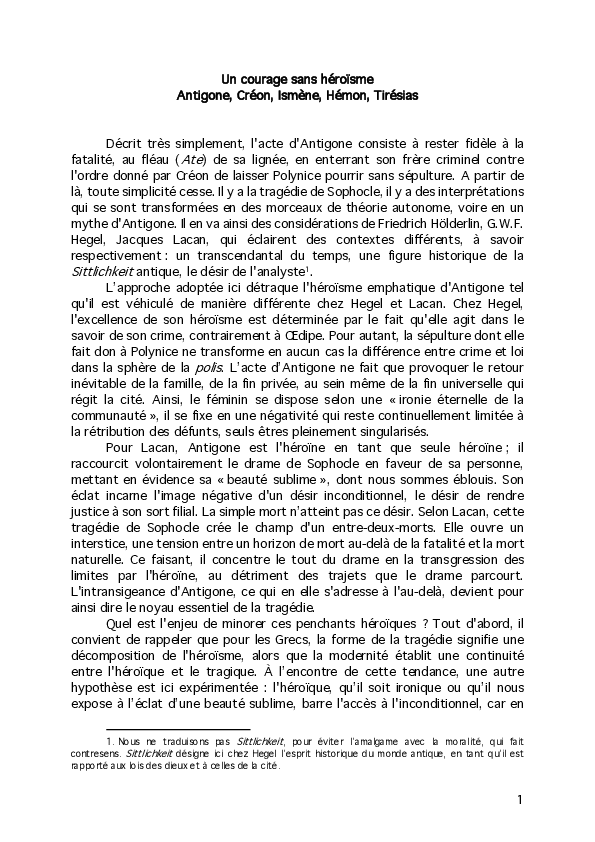 (PDF) Un courage sans héroïsme. Antigone, Créon, Ismène, Hémon, Tirésias