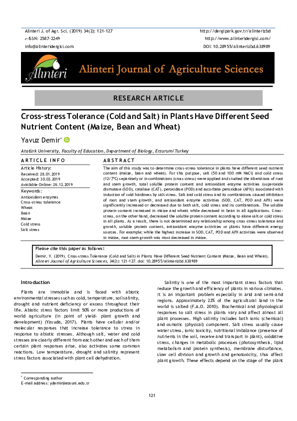 (PDF) Cross-Stress Tolerance (Cold and Salt) in Plants Have Different ...