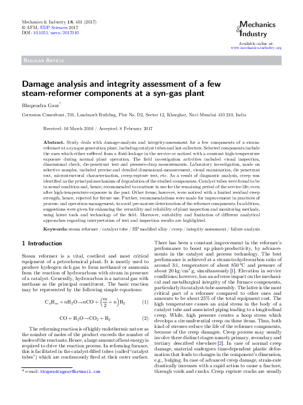 (PDF) Damage analysis and integrity assessment of a few steam-reformer ...