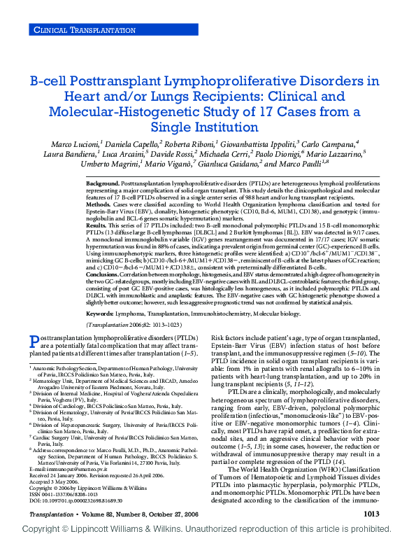 (PDF) B-cell PTLD in Heart/Lung Transplant Recipients