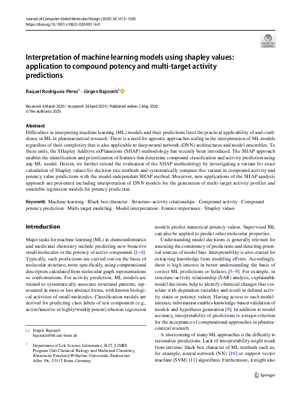 (PDF) Interpretation of machine learning models using shapley values: application to compound ...