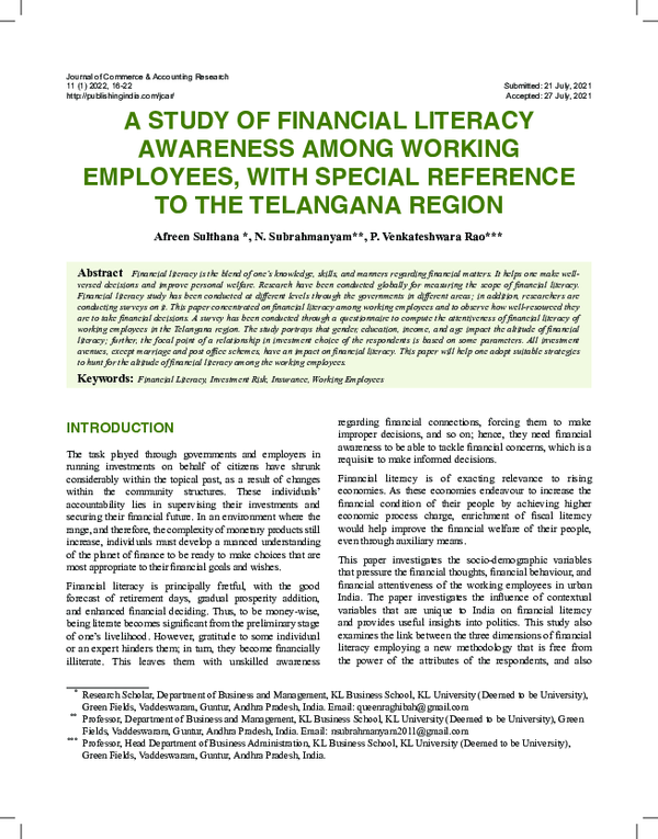 (PDF) A Study of Financial Literacy Awareness among Working Employees ...
