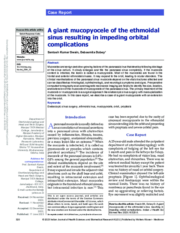 (PDF) A giant mucopyocele of the ethmoidal sinus resulting in impeding ...