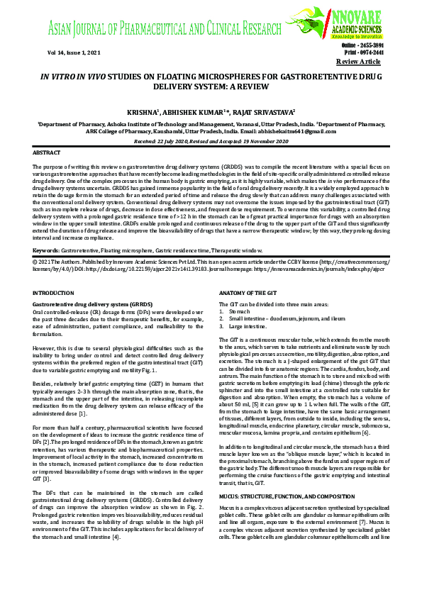 (PDF) IN VITRO IN VIVO STUDIES ON FLOATING MICROSPHERES FOR GASTRORETENTIVE DRUG DELIVERY SYSTEM ...