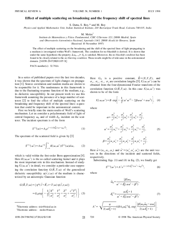 (PDF) Effect of multiple scattering on broadening and the frequency shift of spectral lines ...