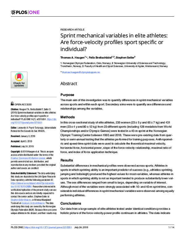 (PDF) Sprint mechanical variables in elite athletes: Are force-velocity ...