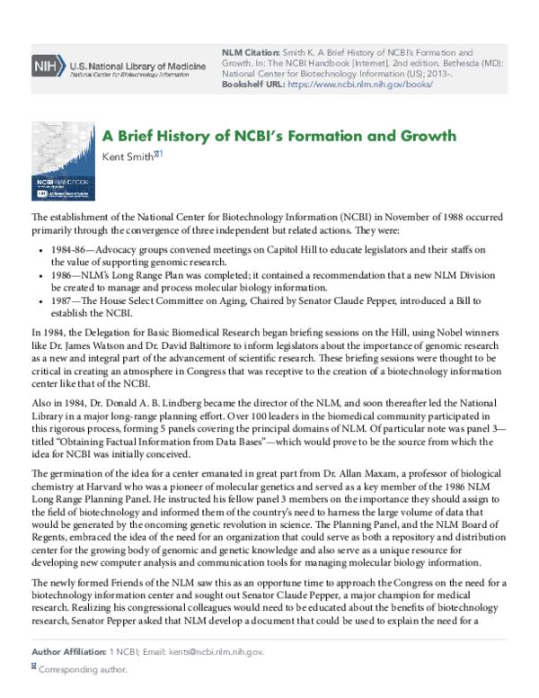 (PDF) A Brief History of NCBI’s Formation and Growth