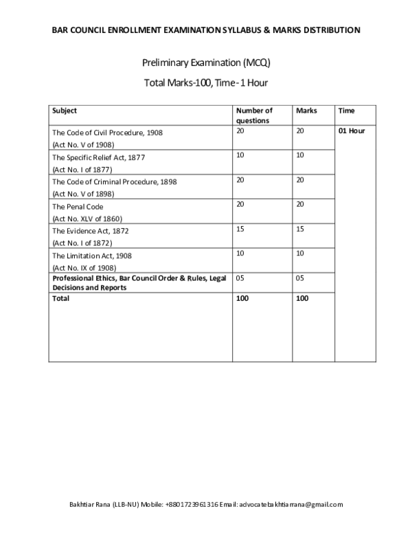 (PDF) BAR COUNCIL ENROLLMENT EXAMINATION SYLLABUS & MARKS DISTRIBUTION