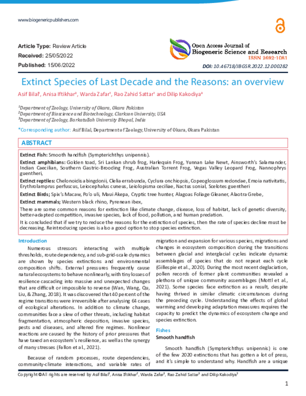 (PDF) Extinct Species of Last Decade and the Reasons: an overview