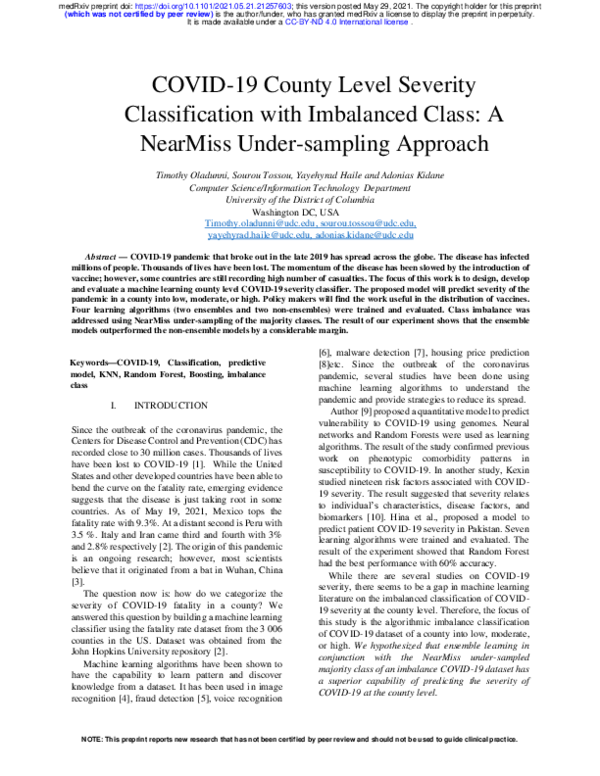 (PDF) COVID-19 County Level Severity Classification with Imbalanced ...
