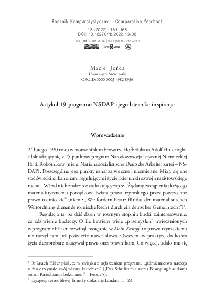 (PDF) Maciej Jonca Art 19 NSDAP i jego literackie inspiracje