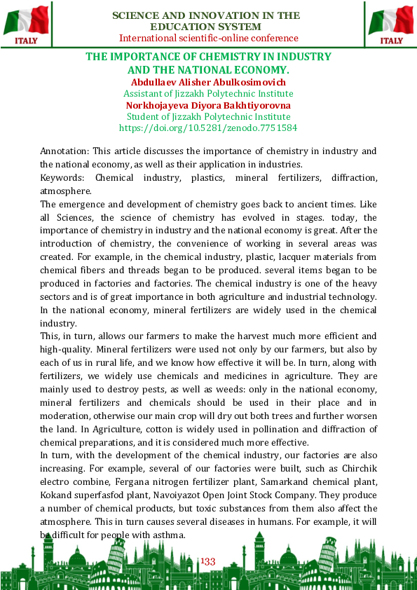 (PDF) THE IMPORTANCE OF CHEMISTRY IN INDUSTRY AND THE NATIONAL ECONOMY