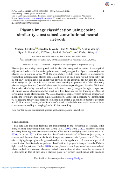 Pdf Plasma Image Classification Using Cosine Similarity Constrained Convolutional Neural Network
