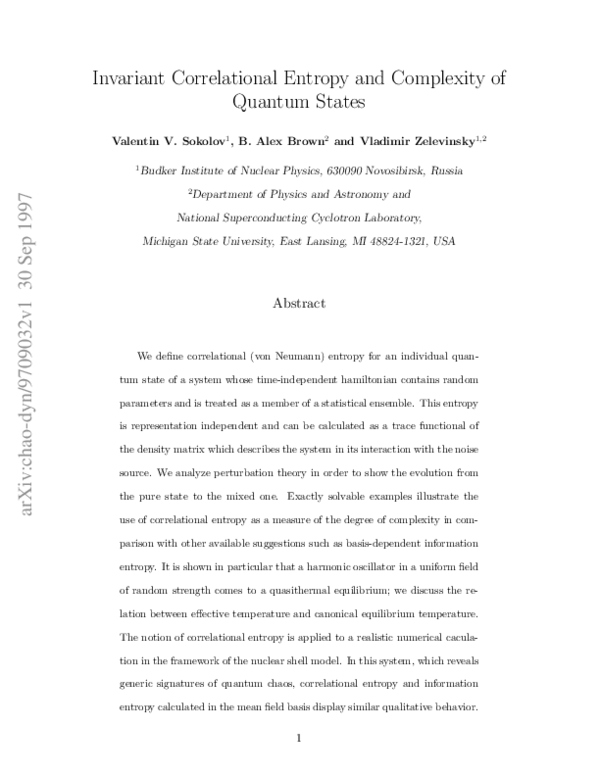 (PDF) Invariant correlational entropy and complexity of quantum states