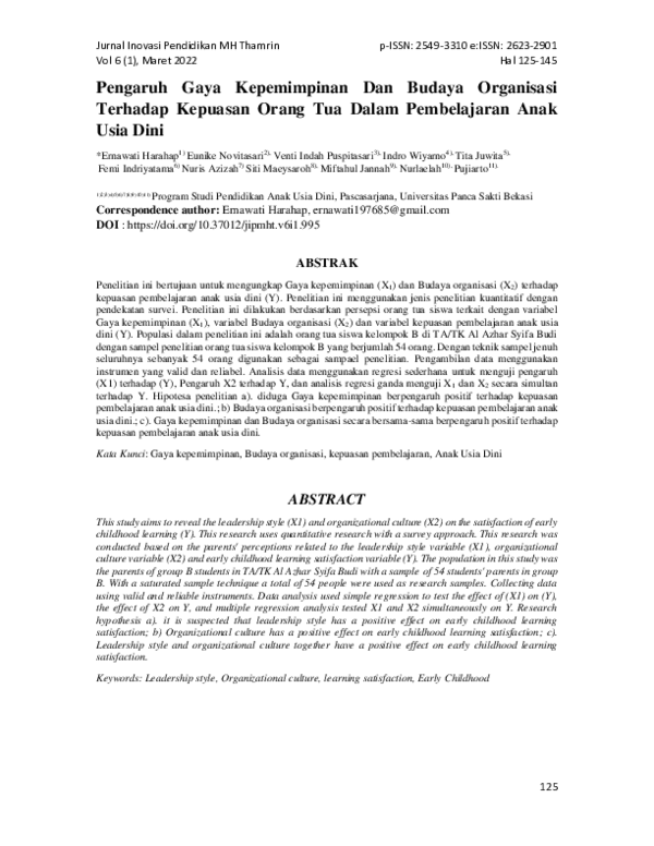 (PDF) Pengaruh Gaya Kepemimpinan Dan Budaya Organisasi Terhadap Kepuasan Orang Tua Dalam ...
