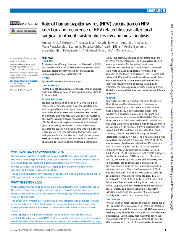 (PDF) Role of human papillomavirus (HPV) vaccination on HPV infection ...