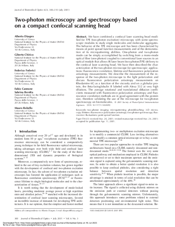 (PDF) Two-photon microscopy and spectroscopy based on a compact confocal scanning head