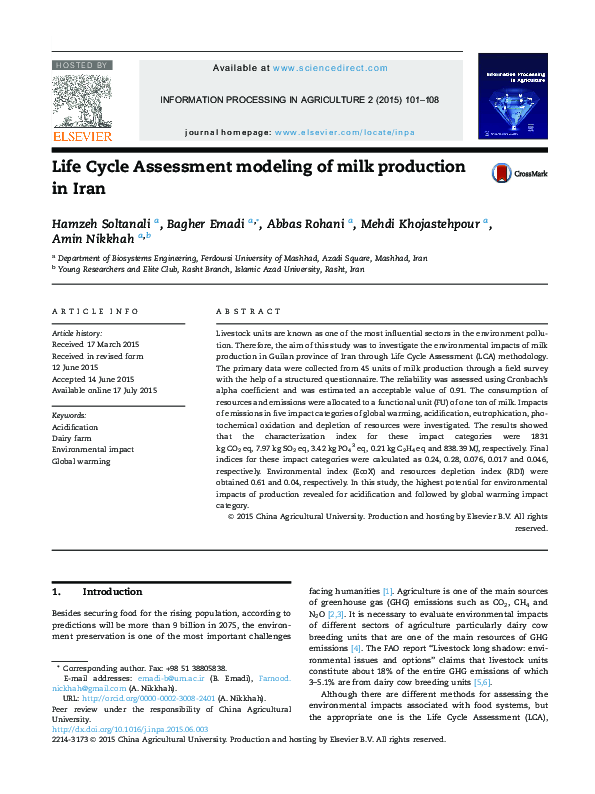 (PDF) Life Cycle Assessment modeling of milk production in Iran